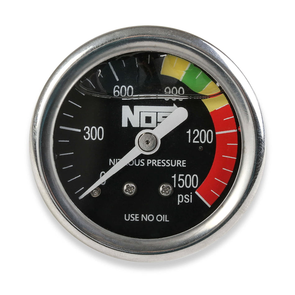 NOS 1-1/2" NITROUS PRESSURE GAUGE 0-1500 PSI BLACK FACE / CHROMED BEZEL